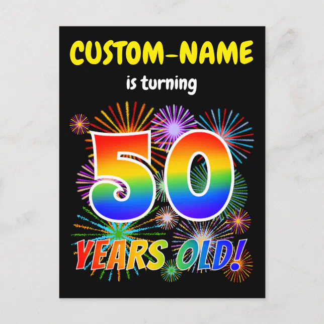 50th Birthday - Fun Fireworks, Rainbow Look "50" Postcard | Zazzle