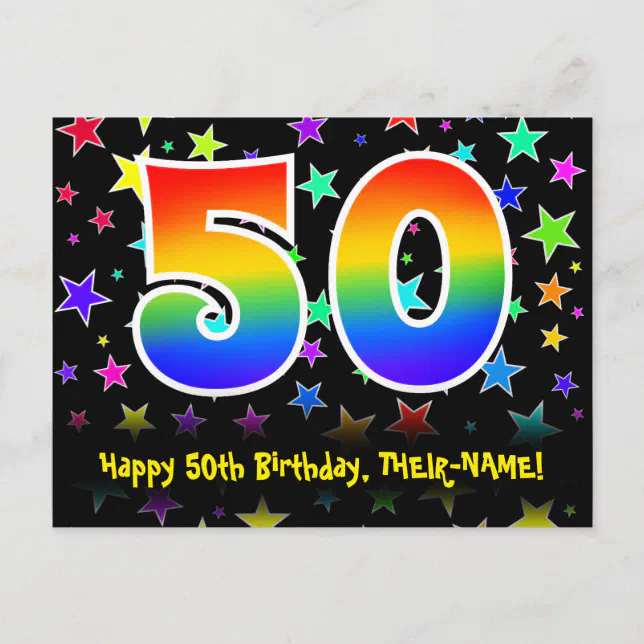 50th Birthday: Fun Stars Pattern, Rainbow 50, Name Postcard | Zazzle