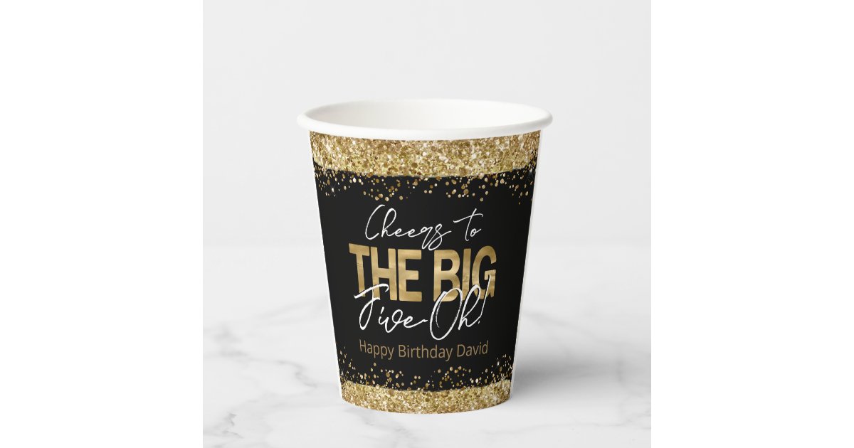 50th Birthday Gold and Black Big Five-Oh Paper Cups | Zazzle