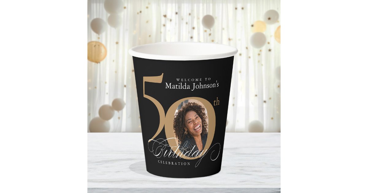 50th Birthday Gold Black Calligraphy Custom Photo Paper Cups | Zazzle