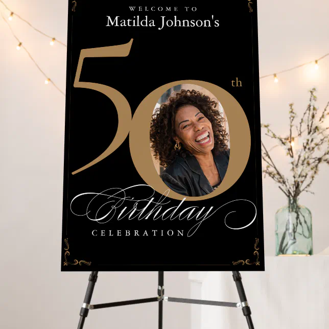 50th Birthday Gold Black Calligraphy Welcome Sign | Zazzle