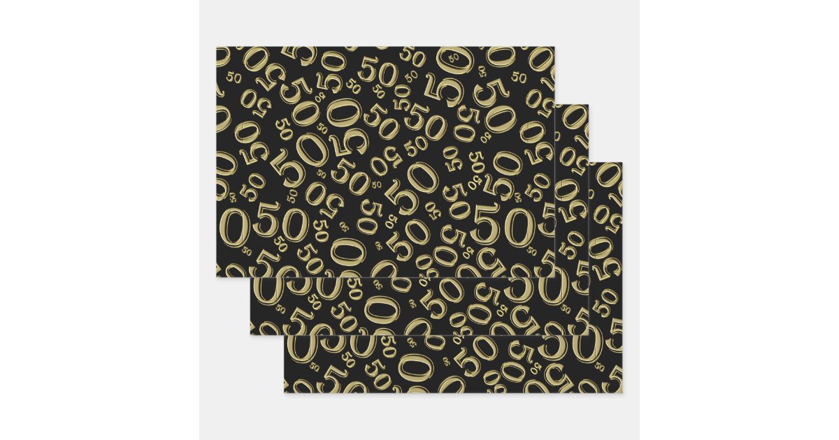 50th Birthday Gold & Black Random Number Pattern Wrapping Paper Sheets ...