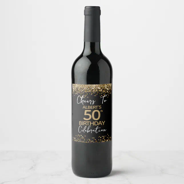 50th Birthday Gold Glitter and Black Wine Label | Zazzle