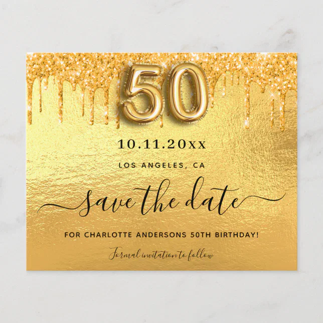 50th birthday gold glitter budget save the date flyer | Zazzle