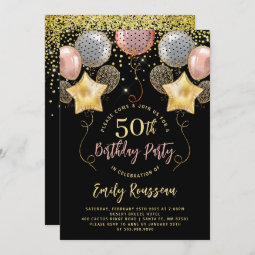 50th Birthday Gold Glitter Confetti Balloons Black Invitation | Zazzle