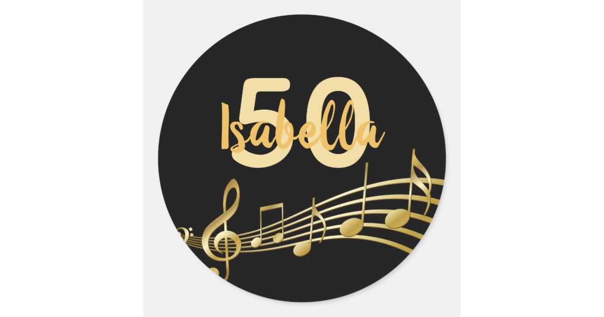 50th birthday gold music notes on elegant black classic round sticker ...