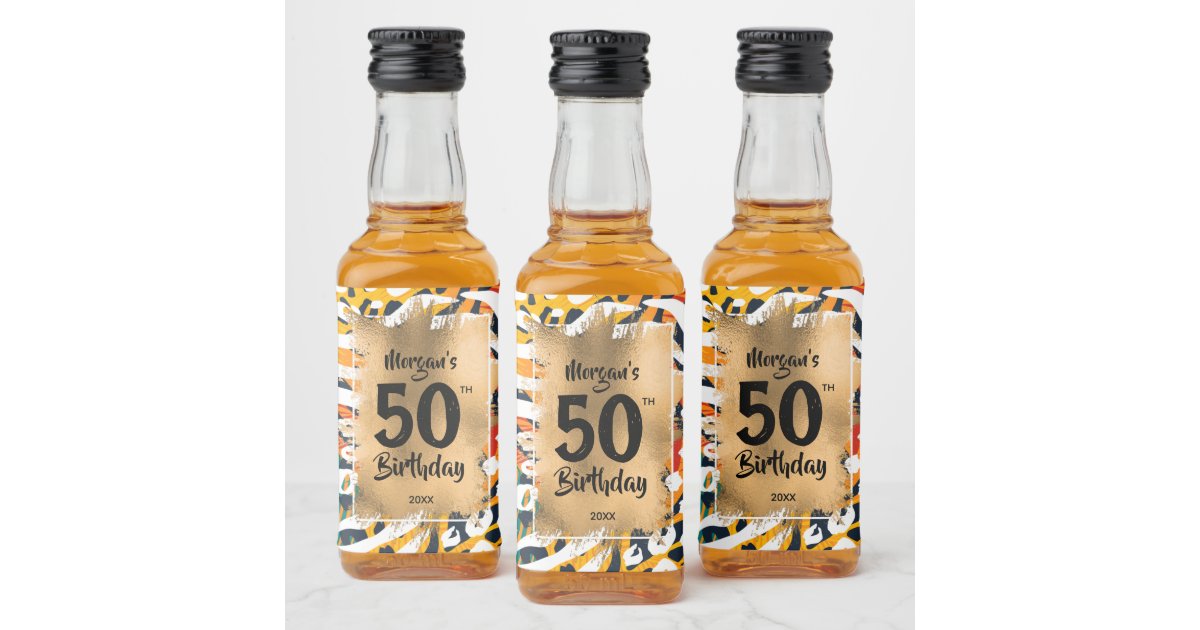 50th Birthday Gold on Colorful Animal Print Mini Liquor Bottle Label ...