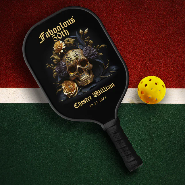 50TH BIRTHDAY GOLD SKULL ROSE HALLOWEEN PICKLEBALL PADDLE | Zazzle