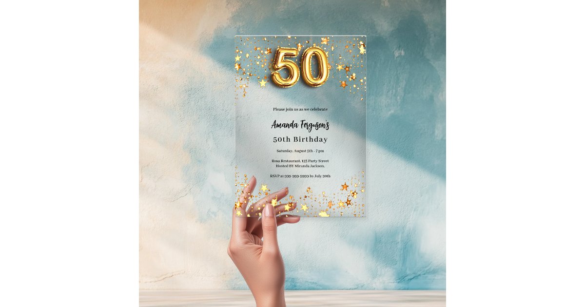 50th birthday gold stars clear acrylic invitations | Zazzle