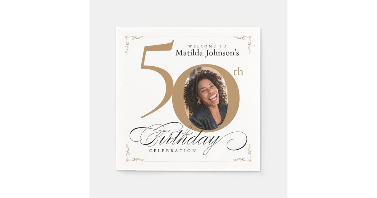 50th Birthday Gold White Calligraphy Custom Photo Napkins | Zazzle