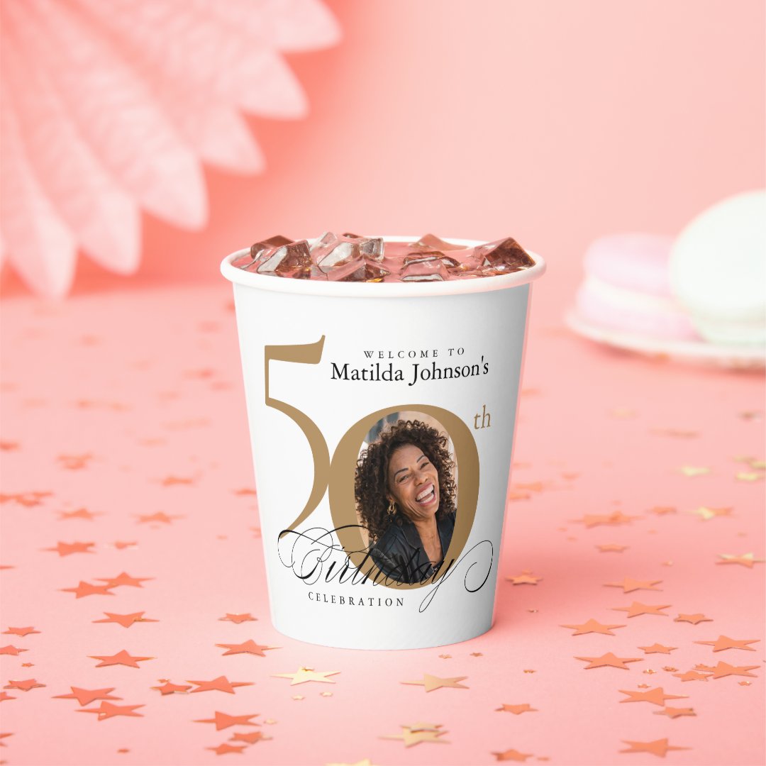 50th Birthday Gold White Calligraphy Custom Photo Paper Cups | Zazzle