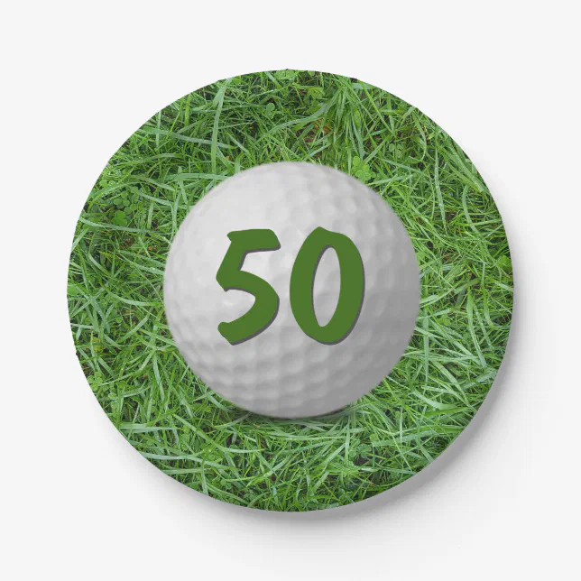 50th Birthday Golf Ball on Grass Paper Plate | Zazzle