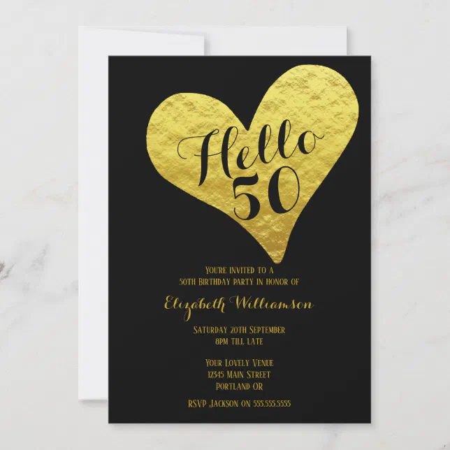 50th Birthday Hello 50 Black | Faux Gold Heart Invitation | Zazzle