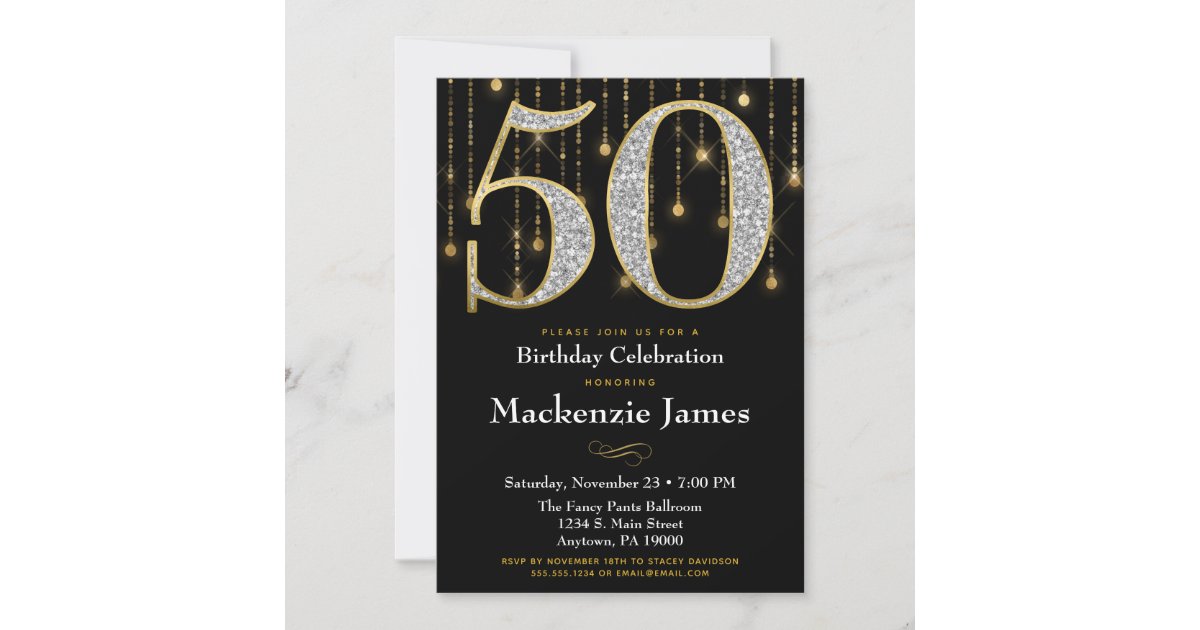 50th Birthday Invitation Black Gold Diamonds Adult Zazzle