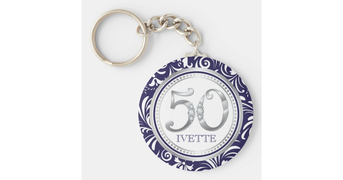 50th Birthday Key Chain-Navy Blue & Silver Keychain | Zazzle.com
