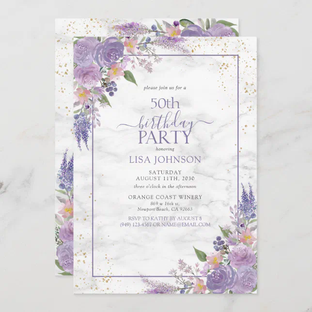 50th Birthday Lavender Lilac Marble Gold Botanical Invitation | Zazzle