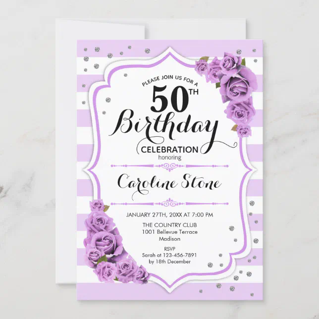 50th Birthday - Lavender White Purple Flowers Invitation | Zazzle