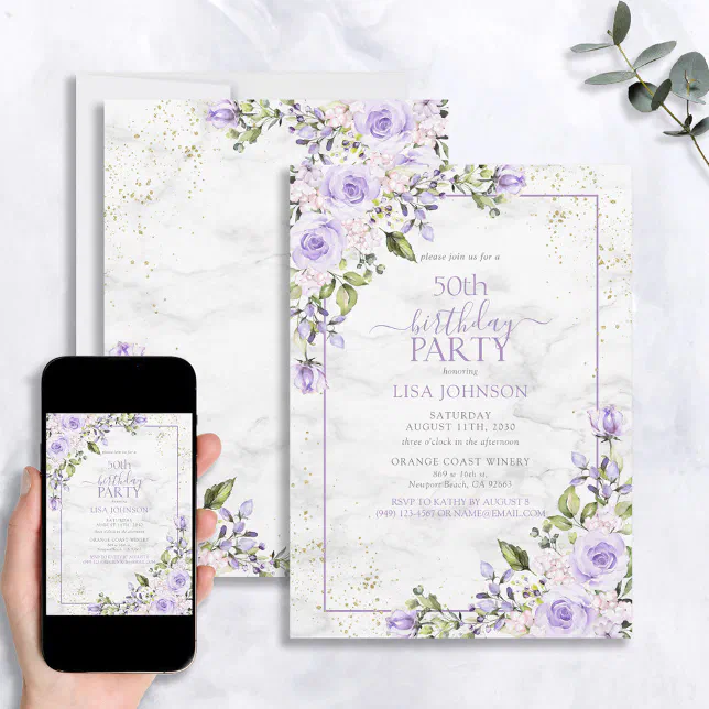 50th Birthday Lilac Lavender Watercolor Marble Invitation | Zazzle