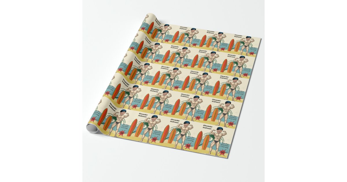 50th Birthday 藍 Mens Funny Bodybuilder Muscle Wrapping Paper | Zazzle