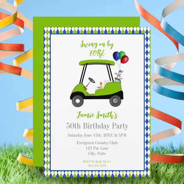 50th Birthday Men's Golf Cart Elegant Invitation | Zazzle