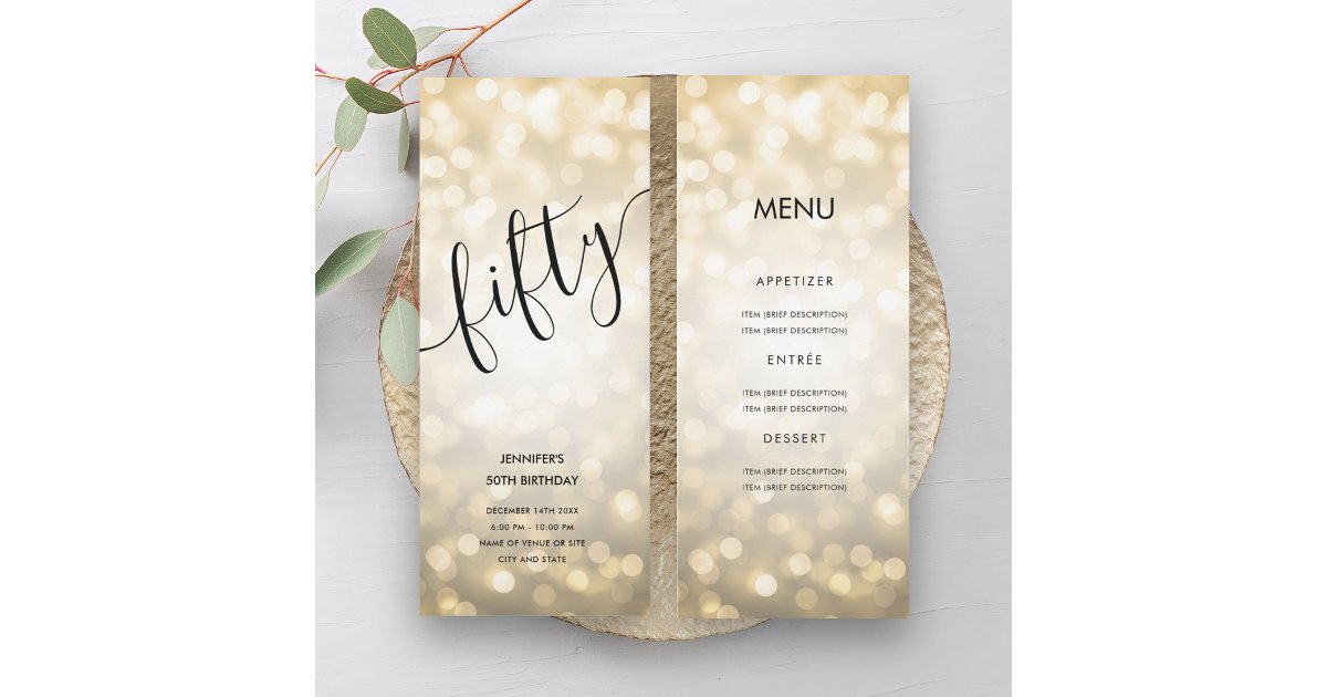 50th Birthday Menu Gold Glitter Lights Invitation | Zazzle