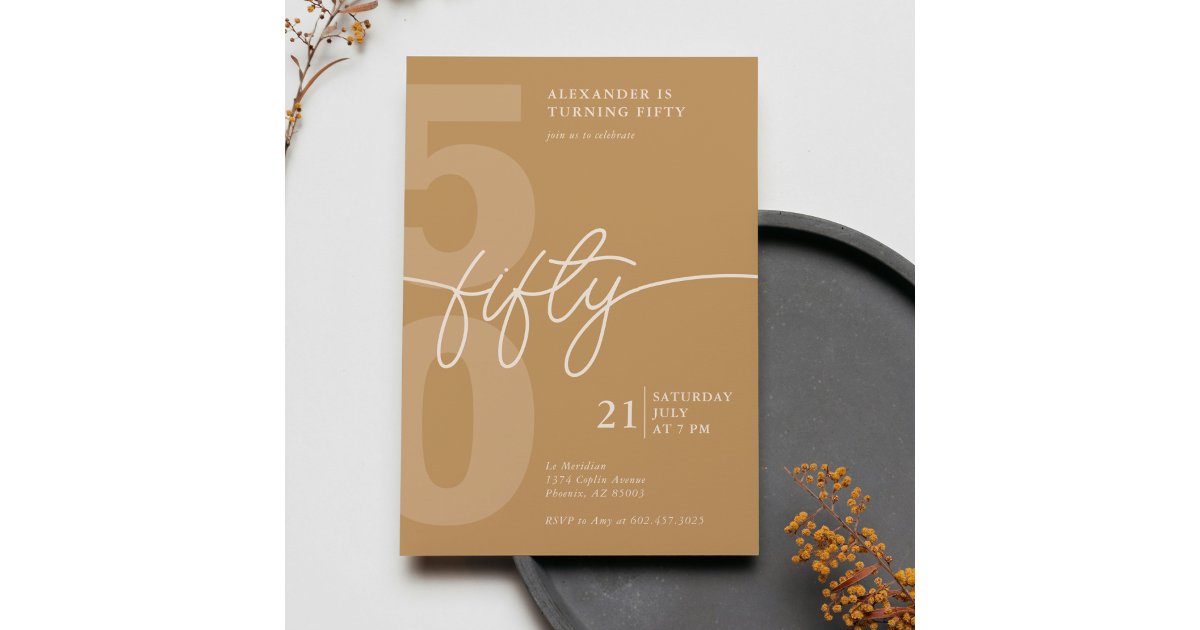 50th Birthday Modern Minimalist Monochromatic Gold Invitation | Zazzle