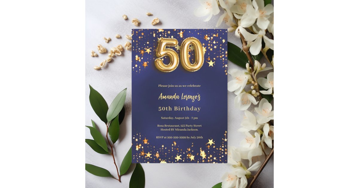50th birthday navy blue gold stars invitation | Zazzle