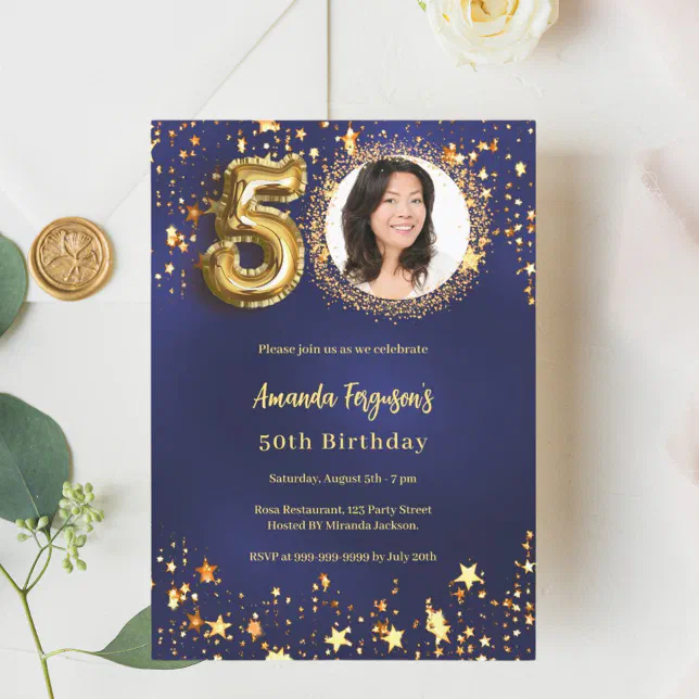 50th birthday navy blue gold stars photo invitation | Zazzle