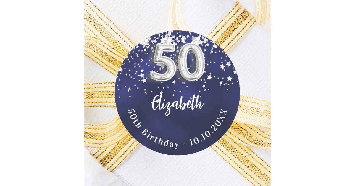 50th birthday navy blue silver stars classic round sticker | Zazzle