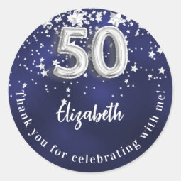 50th birthday navy blue silver stars classic round sticker | Zazzle