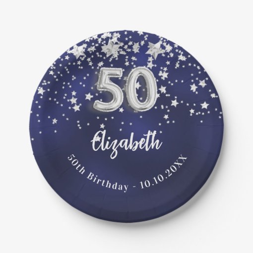 50th Birthday navy blue silver stars Paper Plates | Zazzle