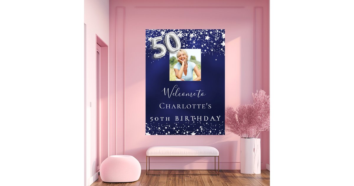 50th birthday navy blue silver stars photo welcome poster | Zazzle