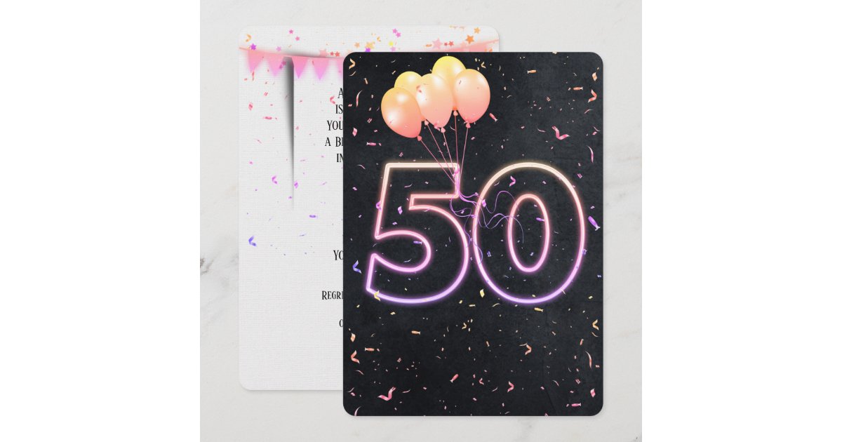 50th Birthday Neon Sign On Black Invitation | Zazzle