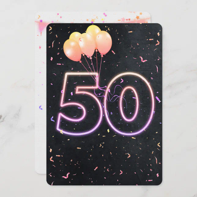 50th Birthday Neon Sign On Black Invitation | Zazzle