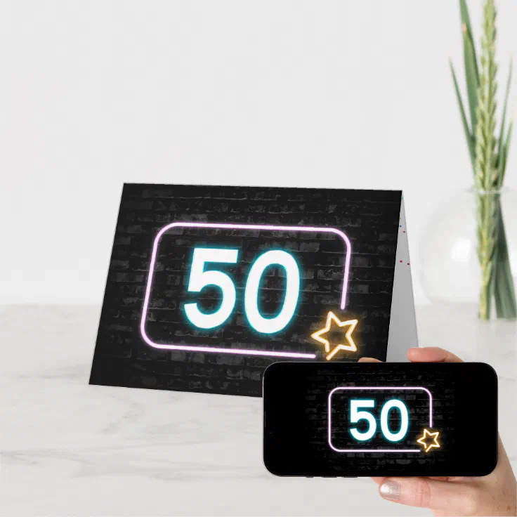 50th Birthday Neon Sign On Brick Card | Zazzle