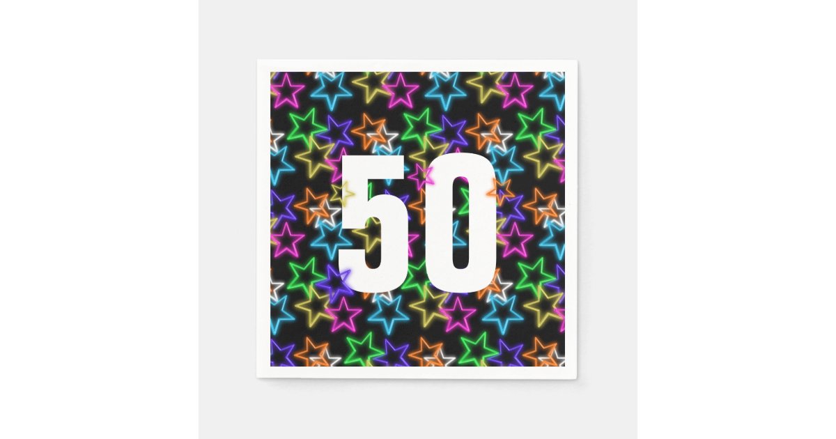 50th Birthday Neon Stars On Black Napkins | Zazzle