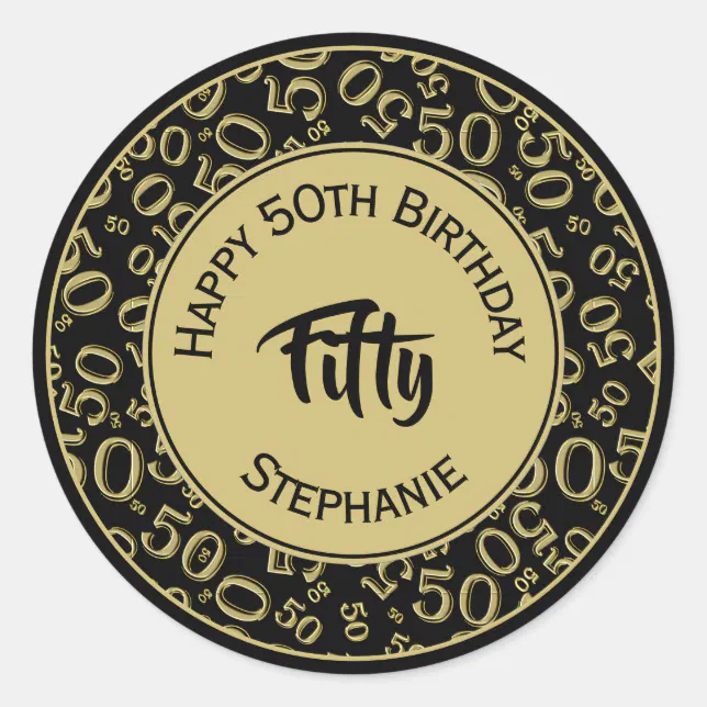 50th Birthday Number 50 Pattern Black and Gold Classic Round Sticker ...