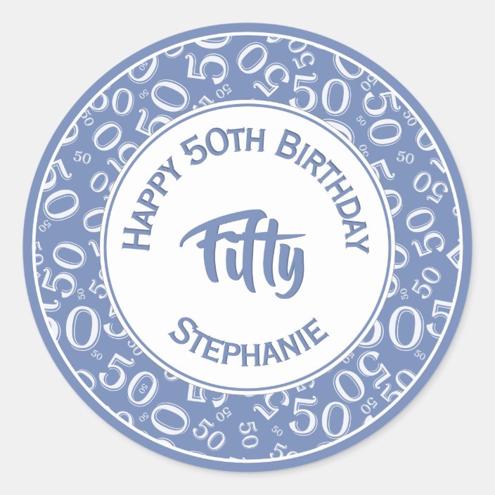 50th Birthday Number 50 Pattern Blue and White Classic Round Sticker ...