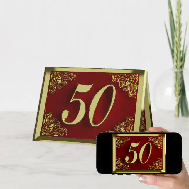 50th Birthday or Anniversary Regal Gold and Red Card | Zazzle