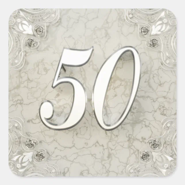 50th Birthday or Anniversary Regal Silver Marble Square Sticker | Zazzle