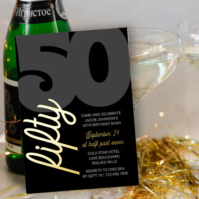 50th Birthday Oversized Fifty Script Black Gold Foil Invitation | Zazzle
