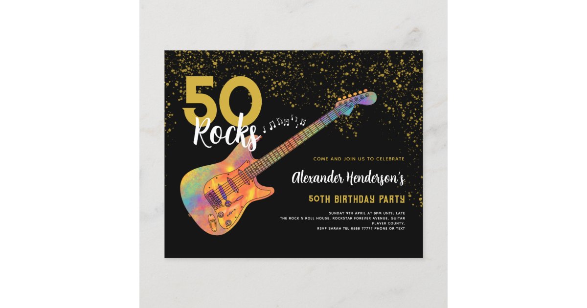 50th Birthday Party 50 Rocks Gold Glitter Budget Flyer | Zazzle