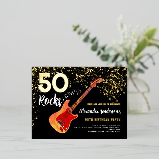 50th Birthday Party 50 Rocks Gold Glitter Foil Invitation Postcard | Zazzle