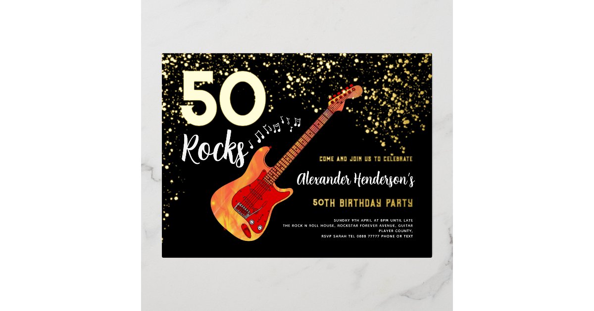 50th Birthday Party 50 Rocks Gold Glitter Foil Invitation Postcard | Zazzle