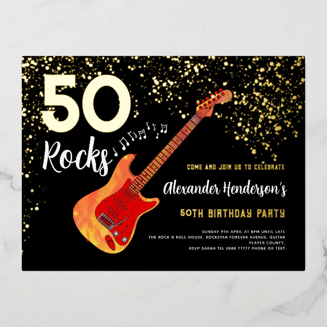 50th Birthday Party 50 Rocks Gold Glitter Foil Invitation Postcard | Zazzle