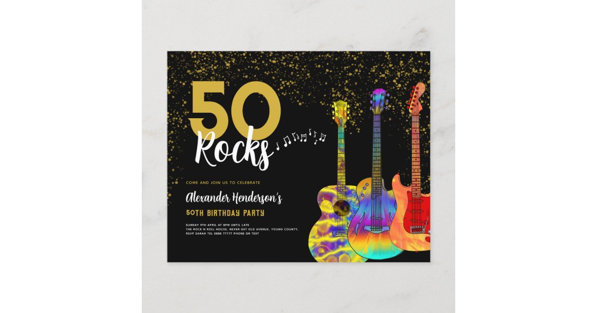 50th Birthday Party 50 Rocks Guitar Gold Glitter | Zazzle