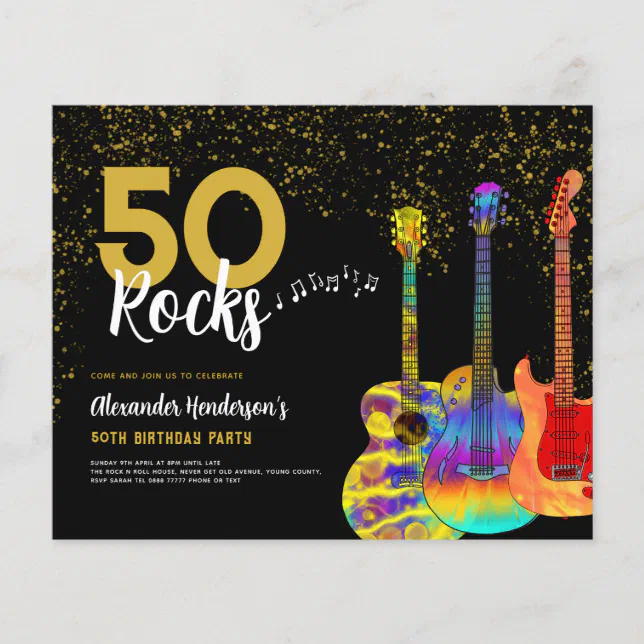 50th Birthday Party 50 Rocks Guitar Gold Glitter | Zazzle