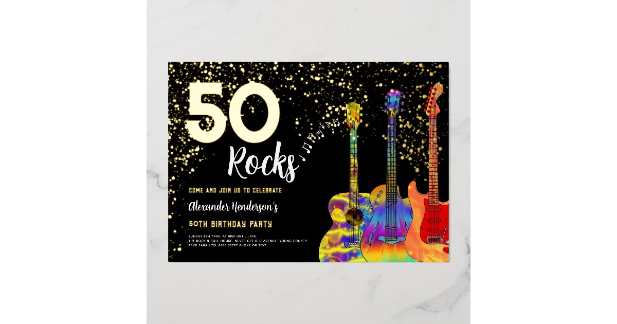50th Birthday Party 50 Rocks Guitar Gold Glitter Foil Invitation | Zazzle
