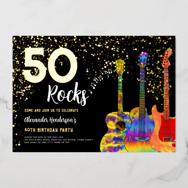 50th Birthday Party 50 Rocks Guitar Gold Glitter Foil Invitation | Zazzle