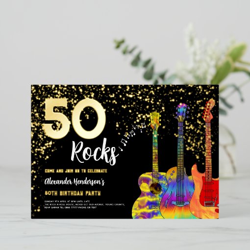 50th Birthday Party 50 Rocks Guitar Gold Glitter Foil Invitation | Zazzle